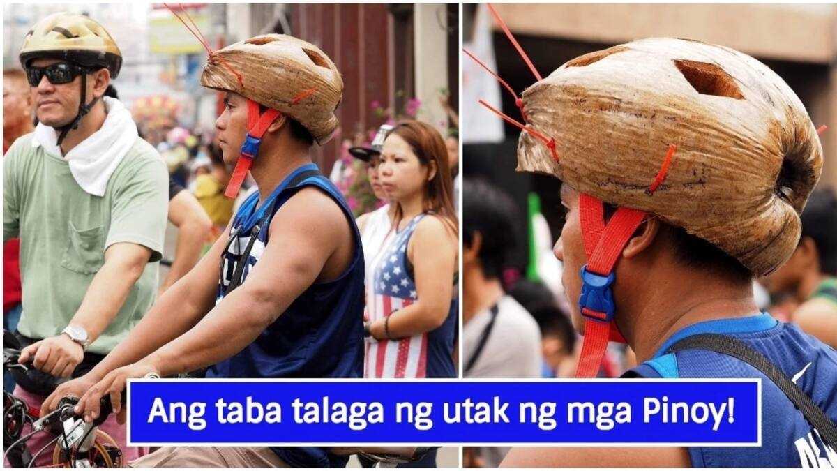 Tatak Pinoy! Biker in Davao who uses coconut husk as helmet goes viral ...