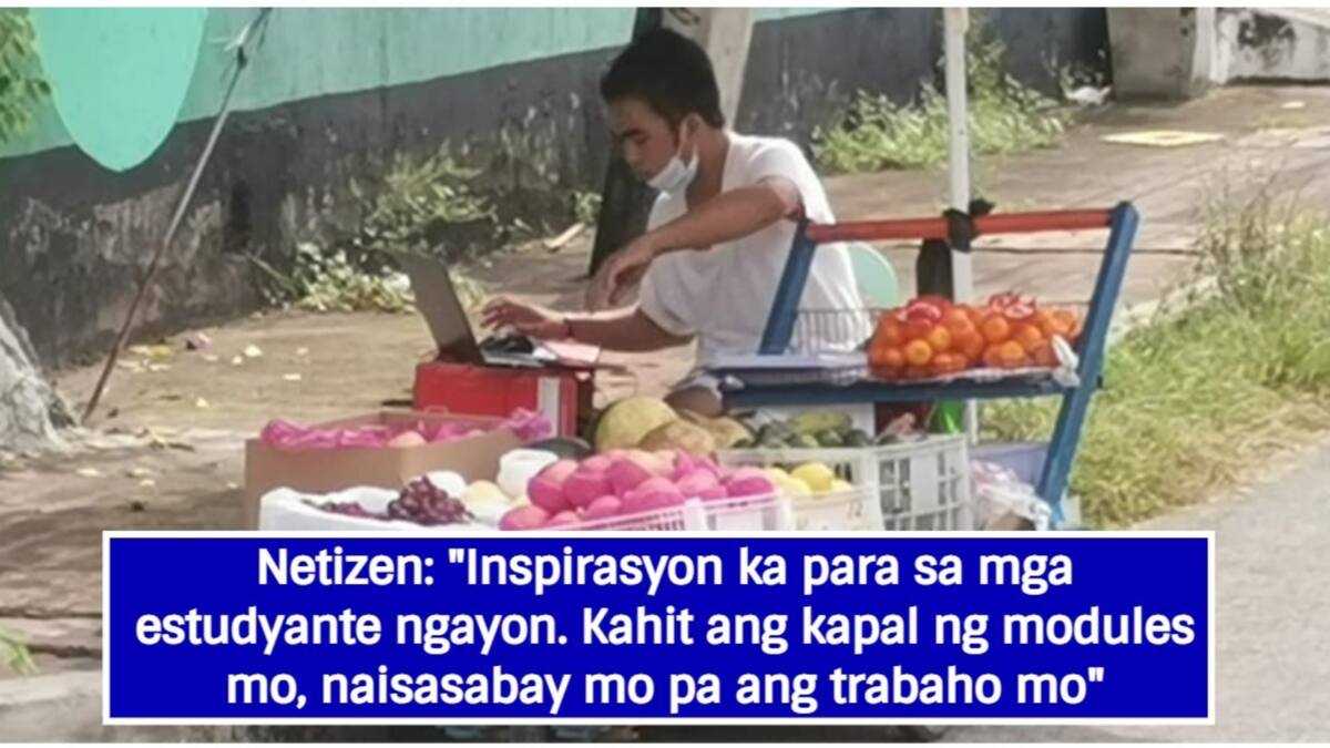 Fruit vendor na naka-laptop habang naglalako, dumadalo pala ng kanyang ...