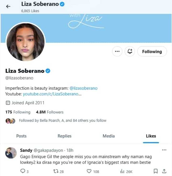 Liza Soberano, ni-like ang tweet ng isang netizen tungkol kay Enrique Gil - KAMI.COM.PH