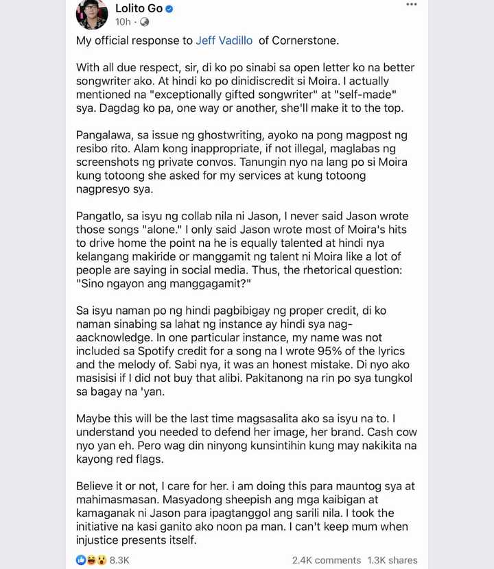 Songwriter Lolito Go explains defending Jason Marvin, calling out Moira ...